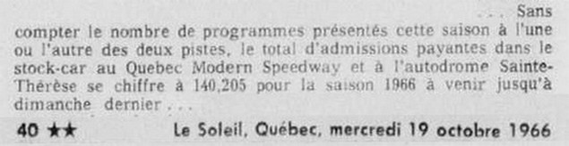 Quebec Modern Speedway - Saison 1966